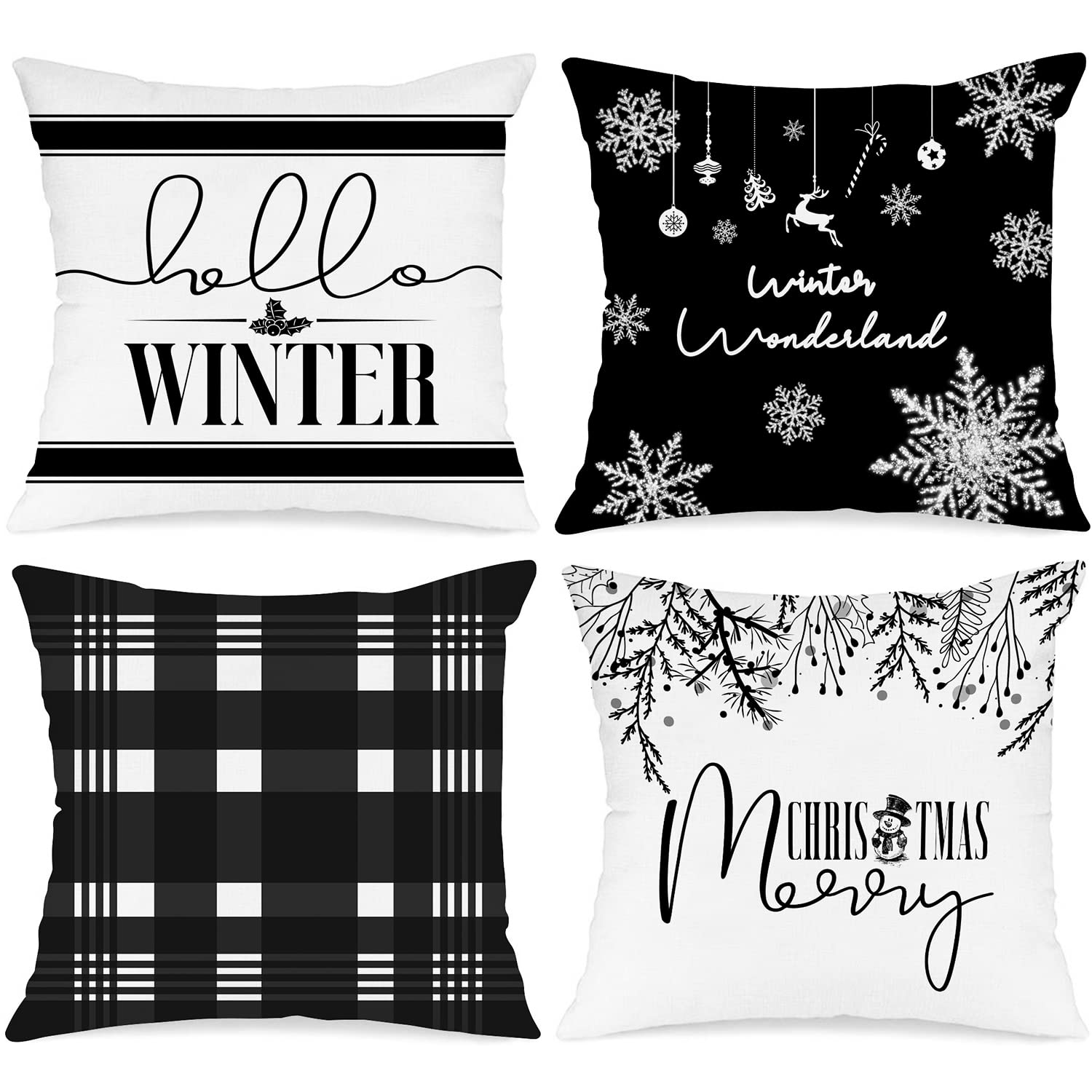 Lanpn Hello Winter Merry Christmas Throw Pillow Covers 20x20 Set of 4, Decorative Black and White 20 inch Xmas Holiday Cushion Pillow Cases Home Outside Porch Decor Decorations