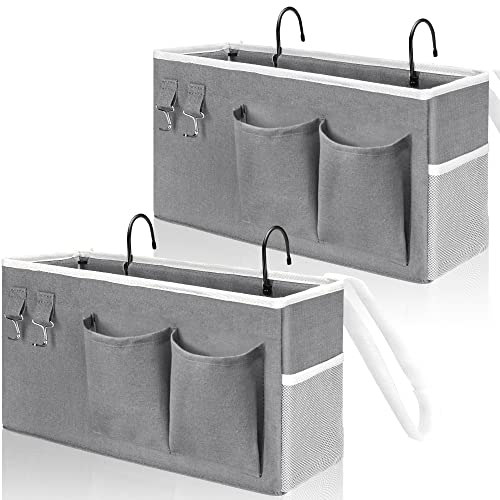 Kanrichu 2pcs Bedside Caddy Hanging Storage Bag, Organizer Baskets with Pockets for Bunk Bed Shelf and Hospital Beds, Loft & Dorm Rooms Chair Bed Rails Accessories (Gray)