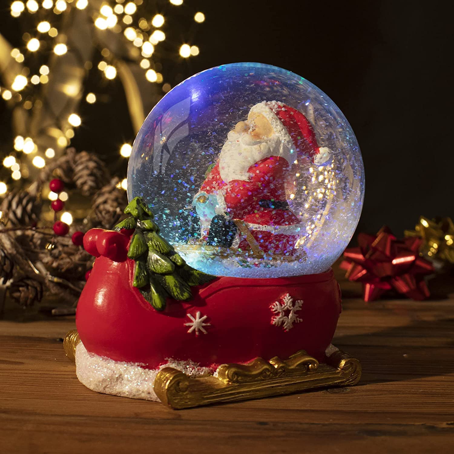 Celebright Christmas Musical Snow Globe - Plays 8 Songs Including Jingle Bells & Lights Up with Changing LED Colours - Large 14cm (Santa on a Sleigh Base)