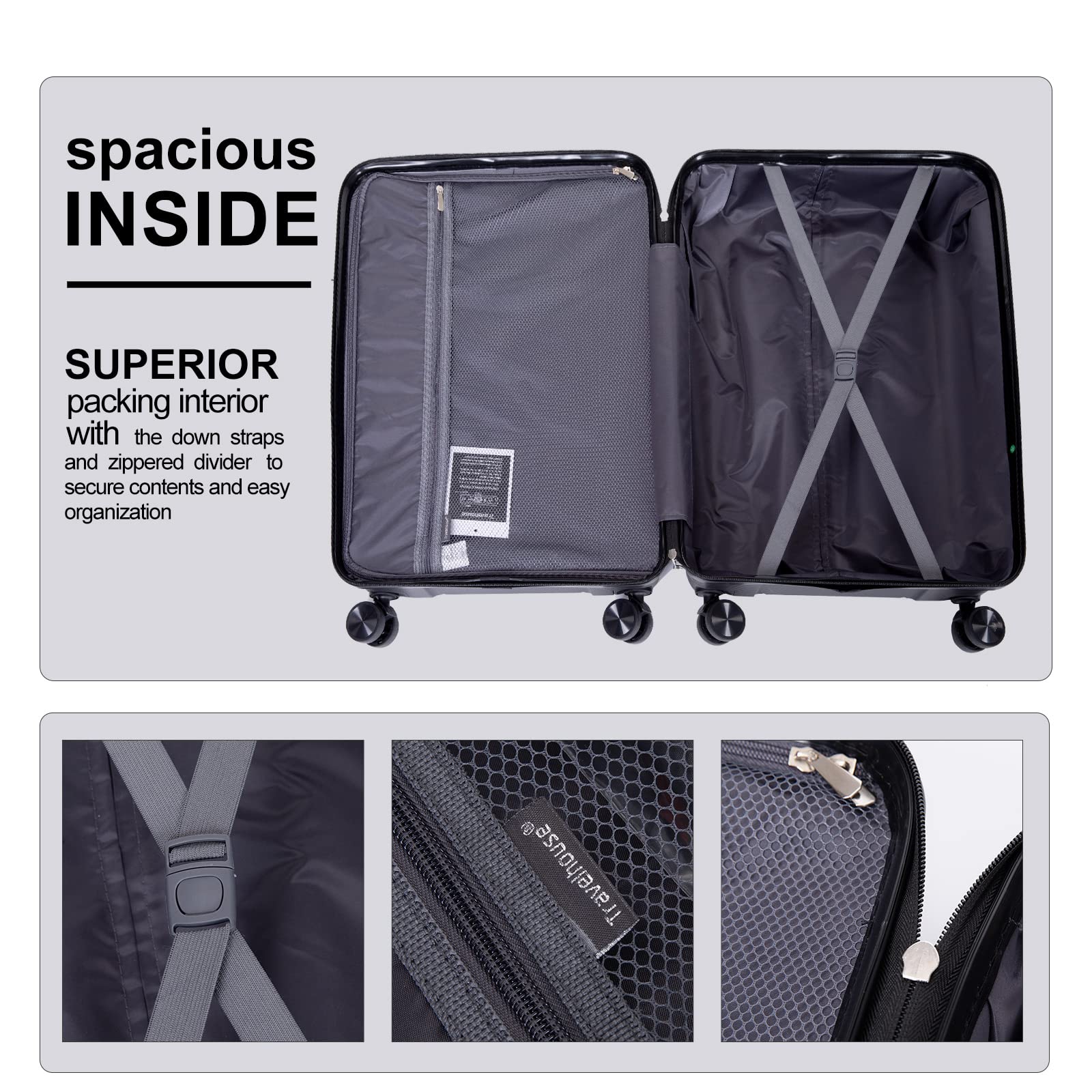 Travelhouse Amalodie Hardshell Upright Spinner Wheel Suitcase Set PP ABS, Lightweight Checked Carry-On Luggage 3-Piece Set with Spinner Wheels TSA Locks 20" 24" 28" (Jet Purple)