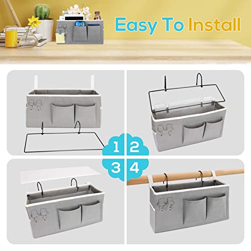 Kanrichu 2pcs Bedside Caddy Hanging Storage Bag, Organizer Baskets with Pockets for Bunk Bed Shelf and Hospital Beds, Loft & Dorm Rooms Chair Bed Rails Accessories (Gray)