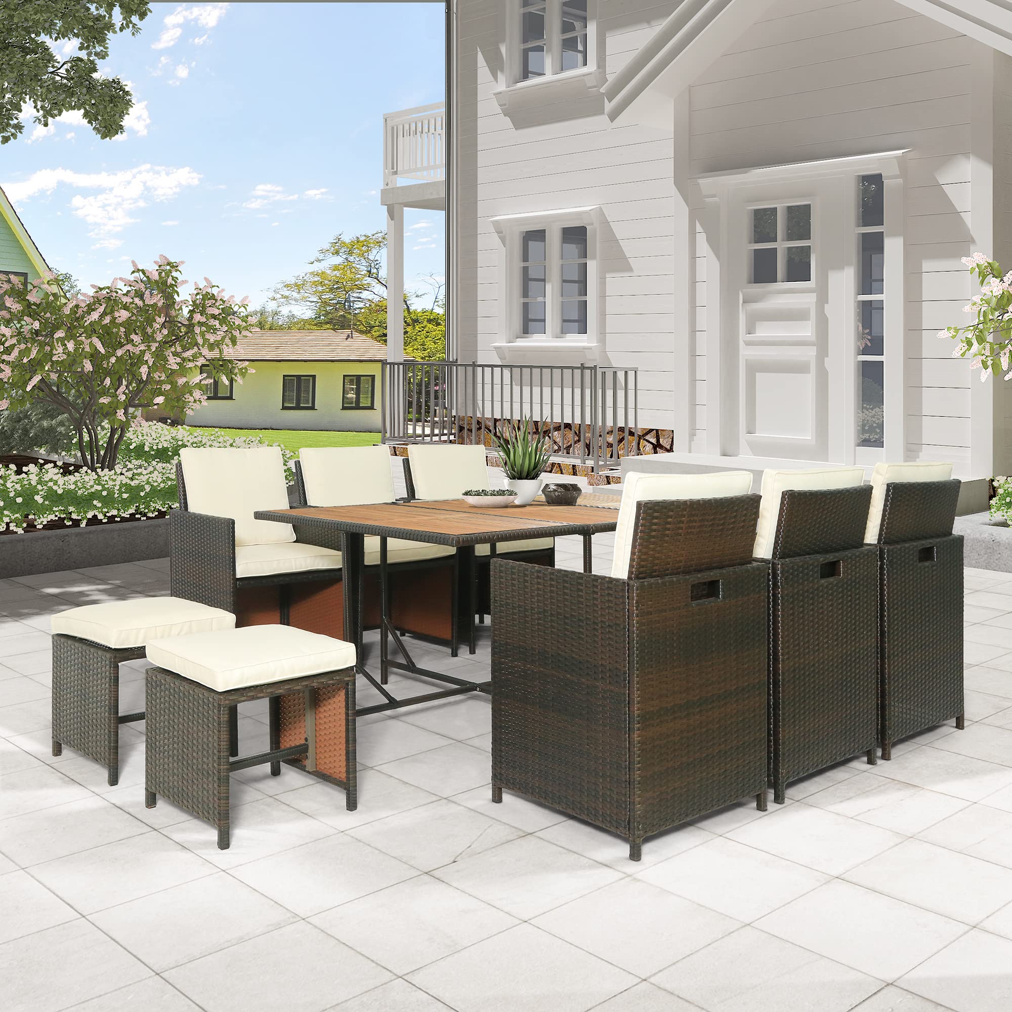 11-Piece All-Weather Outdoor PE Wicker Dining Table Set, Acacia Wood Table with Adjustable Feet and Foldable Dining Chair, Rattan Dining Furniture Set, Space-Saving