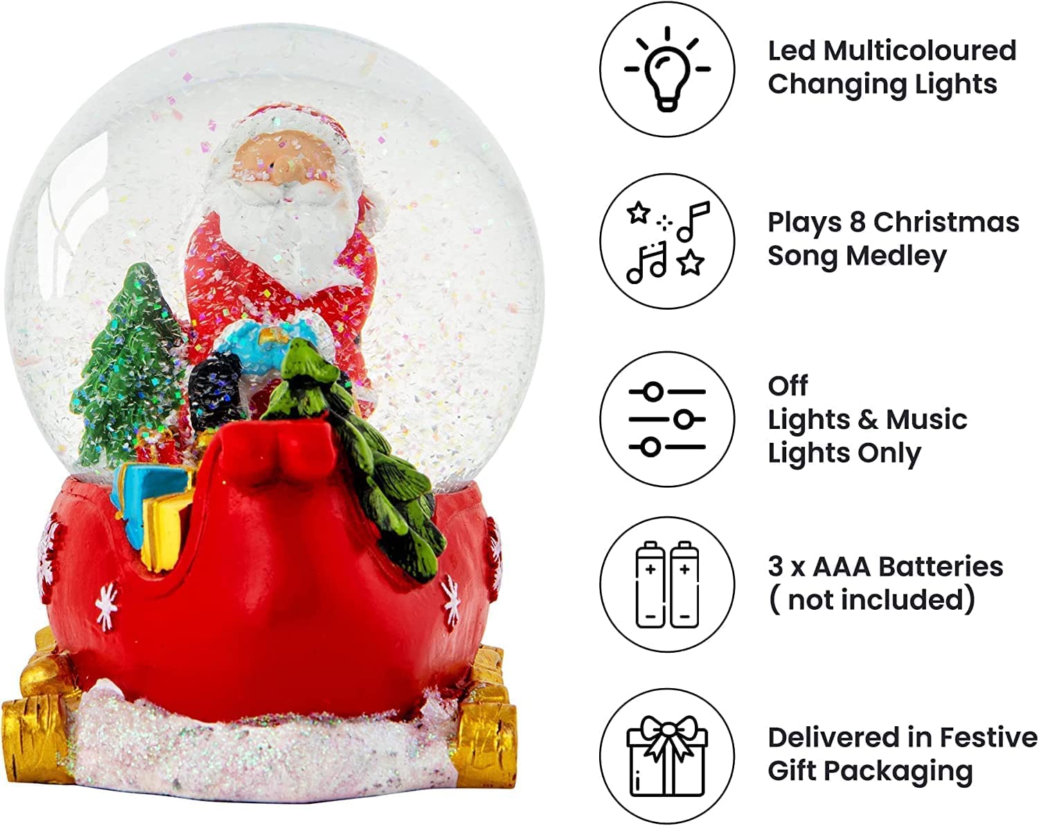 Celebright Christmas Musical Snow Globe - Plays 8 Songs Including Jingle Bells & Lights Up with Changing LED Colours - Large 14cm (Santa on a Sleigh Base)