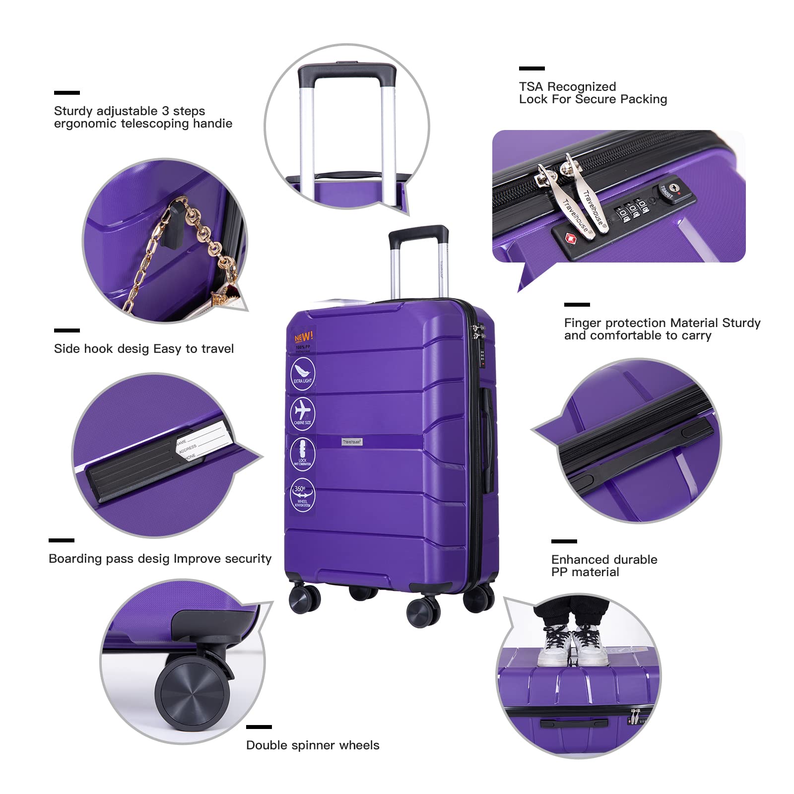 Travelhouse Amalodie Hardshell Upright Spinner Wheel Suitcase Set PP ABS, Lightweight Checked Carry-On Luggage 3-Piece Set with Spinner Wheels TSA Locks 20" 24" 28" (Jet Purple)