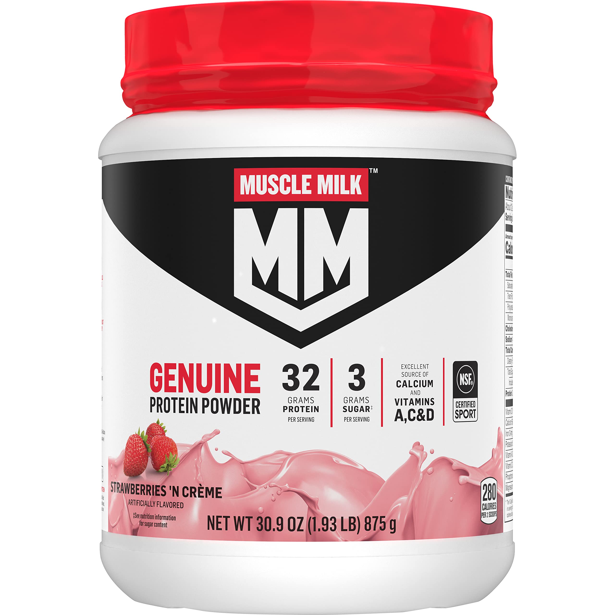 Muscle Milk Genuine Protein Powder, Strawberries ‘N Crème, 1.93 Pounds, 12 Servings, 32g Protein, 3g Sugar, Calcium, Vitamins A, C & D, NSF Certified for Sport, Energizing Snack, Packaging May Vary