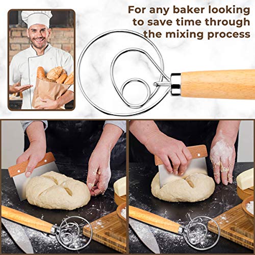 FUANRTK Danish Dough Whisk Bread Mixer，2 Pack Premium Stainless Steel Dutch Whisk With a Dough Scraper for Bread, Pastry or Pizza Dough - Perfect Baking