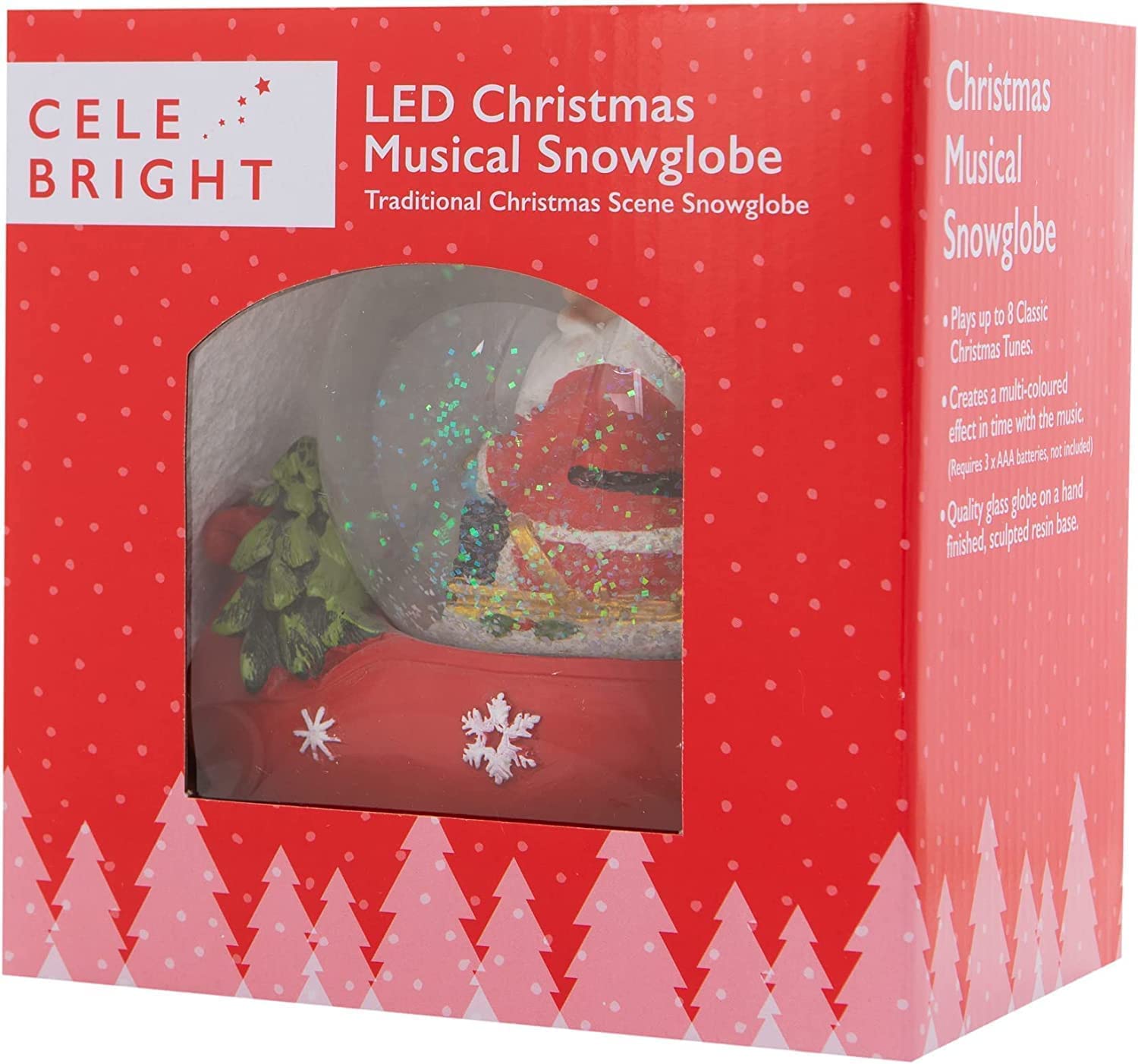Celebright Christmas Musical Snow Globe - Plays 8 Songs Including Jingle Bells & Lights Up with Changing LED Colours - Large 14cm (Santa on a Sleigh Base)