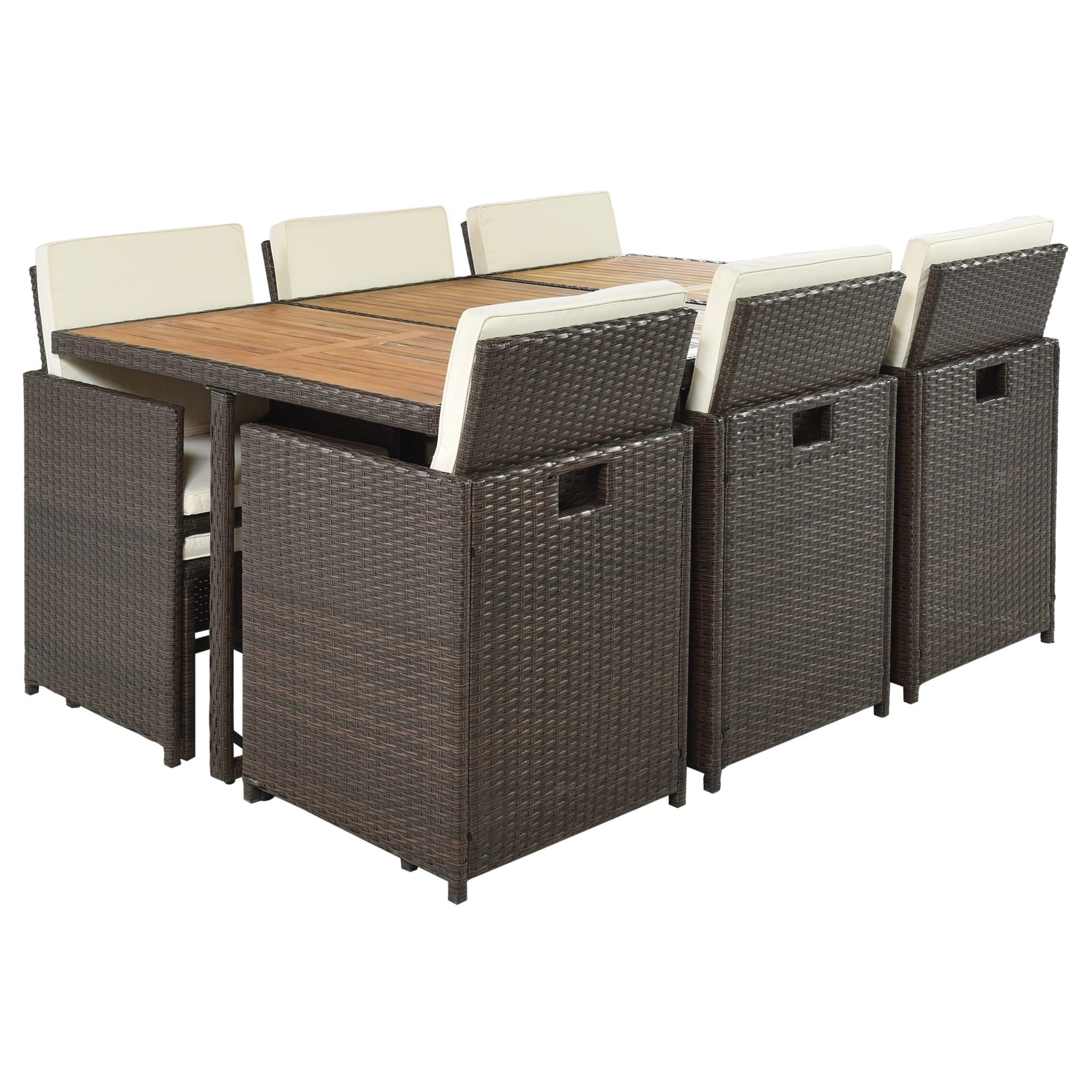 11-Piece All-Weather Outdoor PE Wicker Dining Table Set, Acacia Wood Table with Adjustable Feet and Foldable Dining Chair, Rattan Dining Furniture Set, Space-Saving