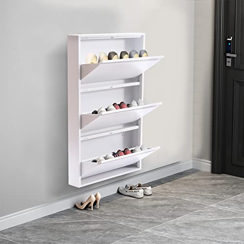 LUOSHALIYA 3 Drawer Shoe Storage Cabinet Wall-Mounted and No-Assembly Shoe Cabinet Holds 9 Shoes, Storage Shoe Rack for Entryway Hallway and Corridor(White)