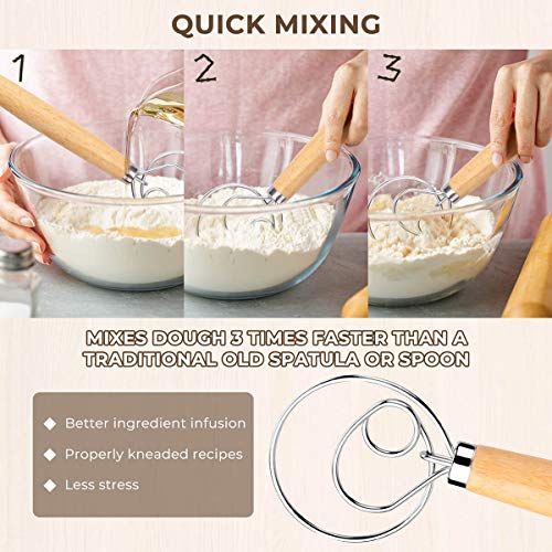 FUANRTK Danish Dough Whisk Bread Mixer，2 Pack Premium Stainless Steel Dutch Whisk With a Dough Scraper for Bread, Pastry or Pizza Dough - Perfect Baking