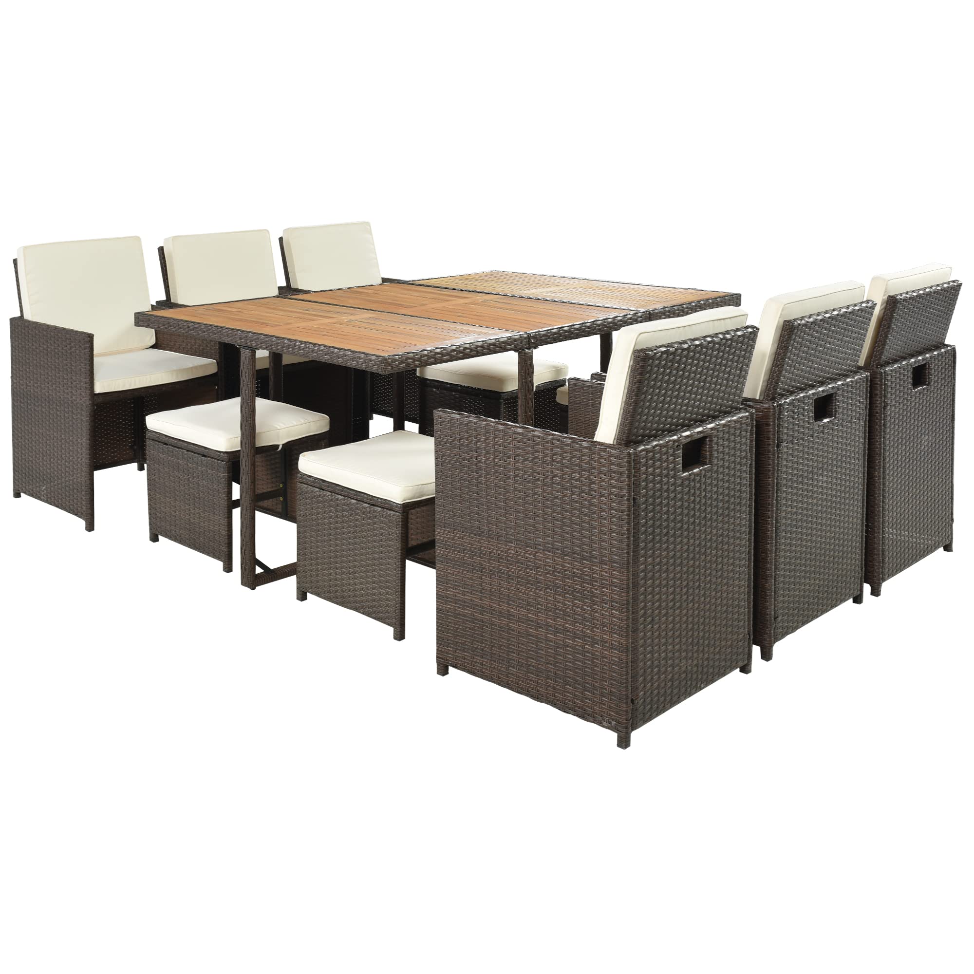 11-Piece All-Weather Outdoor PE Wicker Dining Table Set, Acacia Wood Table with Adjustable Feet and Foldable Dining Chair, Rattan Dining Furniture Set, Space-Saving