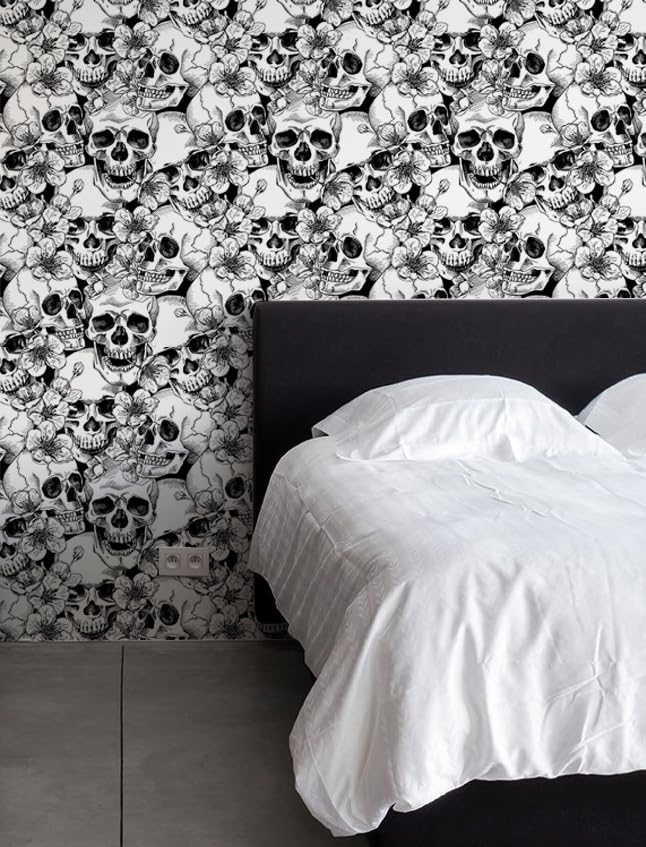 HAOKHOME Halloween Peel and Stick Wallpaper Sugar Skull Floral for Bedroom Black/White Removable Accent Wall Decorations 17.7in x 32.8ft
