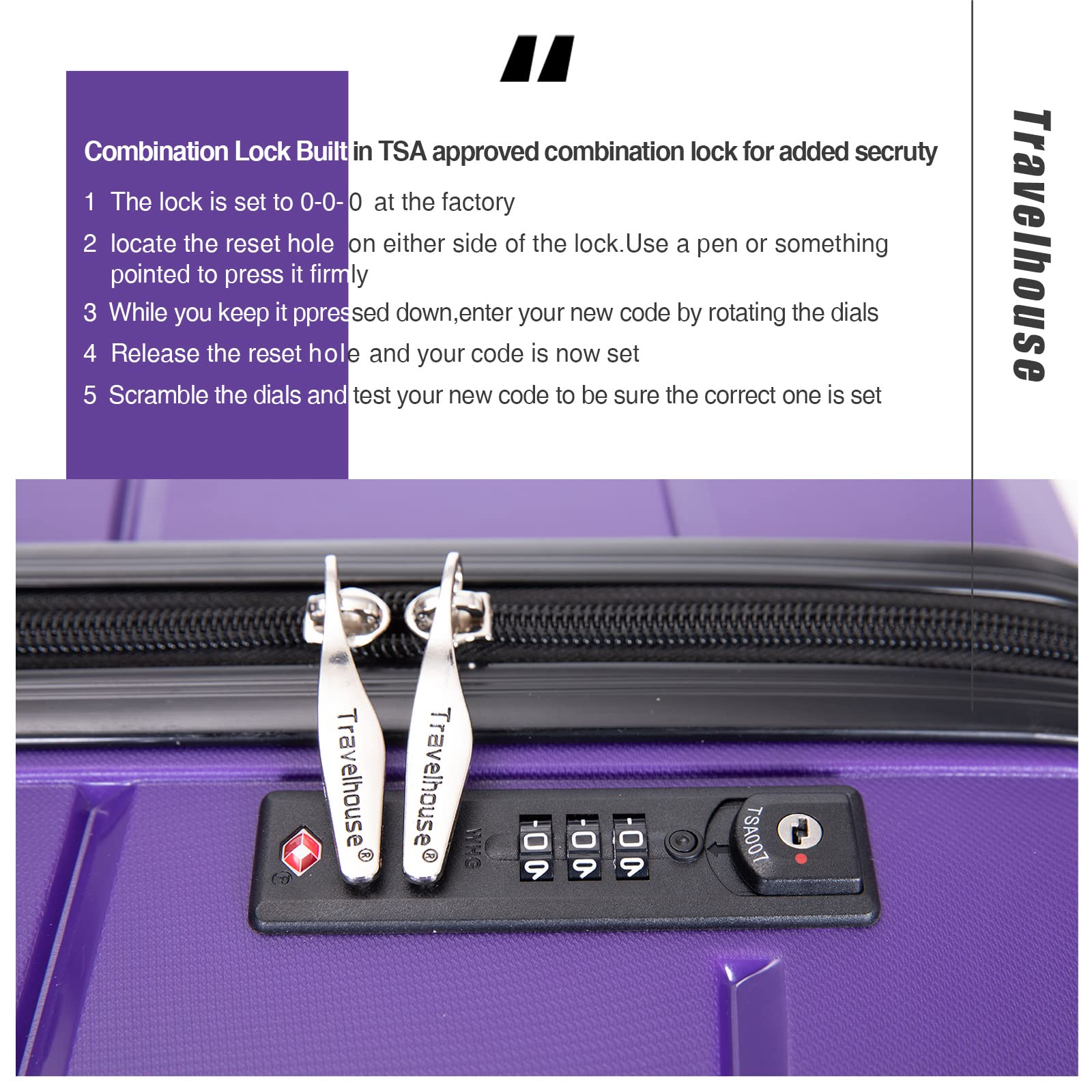 Travelhouse Amalodie Hardshell Upright Spinner Wheel Suitcase Set PP ABS, Lightweight Checked Carry-On Luggage 3-Piece Set with Spinner Wheels TSA Locks 20" 24" 28" (Jet Purple)