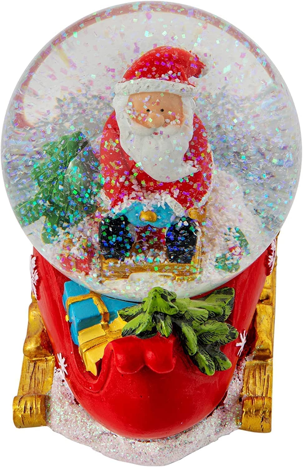 Celebright Christmas Musical Snow Globe - Plays 8 Songs Including Jingle Bells & Lights Up with Changing LED Colours - Large 14cm (Santa on a Sleigh Base)