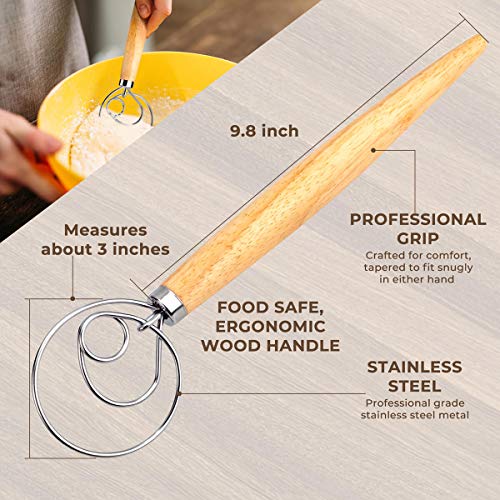 FUANRTK Danish Dough Whisk Bread Mixer，2 Pack Premium Stainless Steel Dutch Whisk With a Dough Scraper for Bread, Pastry or Pizza Dough - Perfect Baking
