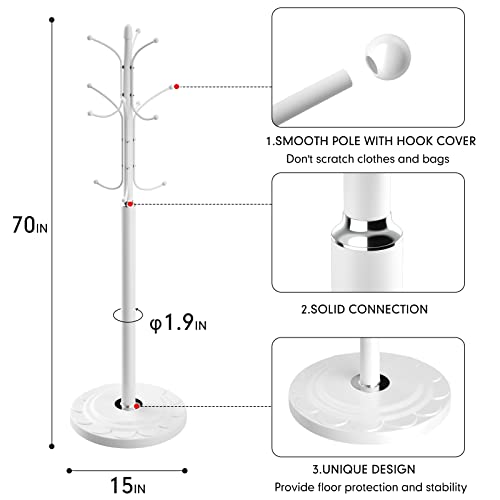 LASIEYO Coat Rack, Coat Rack freestanding With Disc Base, Standing Metal Coat Rack Stand Hat Hanger 12 Hooks, Easy Assembly for Coat Tree Hats Hanger Holder for Purse, Scarf Rack, Jacket (White)