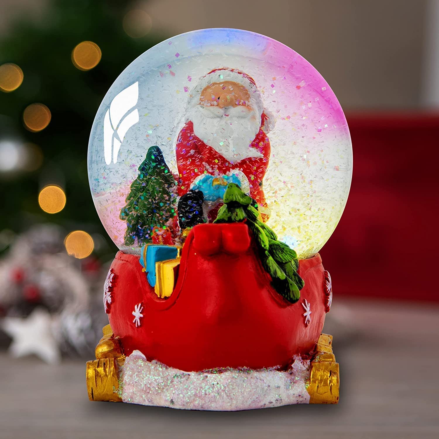 Celebright Christmas Musical Snow Globe - Plays 8 Songs Including Jingle Bells & Lights Up with Changing LED Colours - Large 14cm (Santa on a Sleigh Base)
