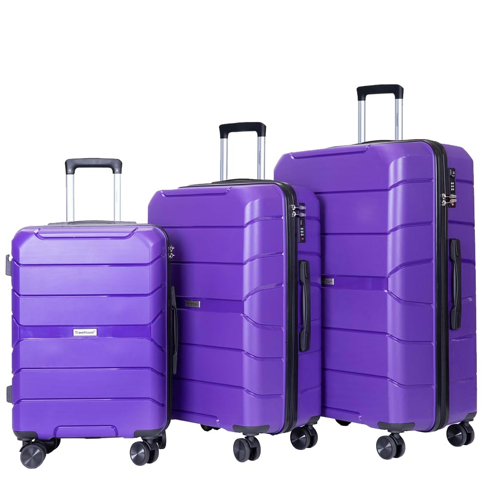 Travelhouse Amalodie Hardshell Upright Spinner Wheel Suitcase Set PP ABS, Lightweight Checked Carry-On Luggage 3-Piece Set with Spinner Wheels TSA Locks 20" 24" 28" (Jet Purple)