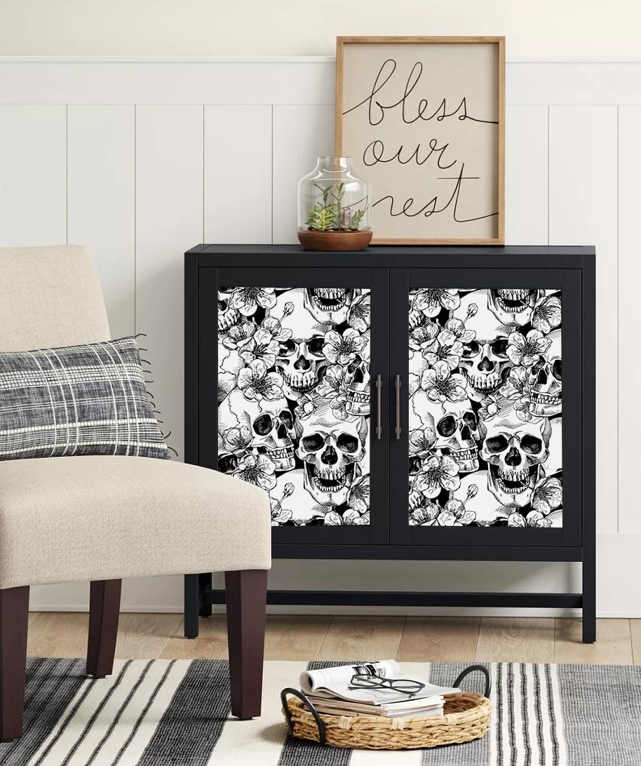 HAOKHOME Halloween Peel and Stick Wallpaper Sugar Skull Floral for Bedroom Black/White Removable Accent Wall Decorations 17.7in x 32.8ft
