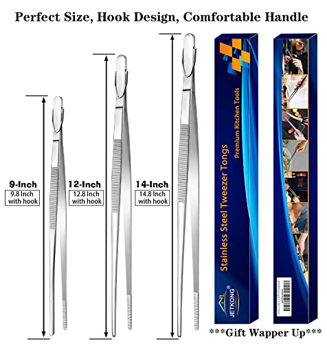 JETKONG Extra Long Kitchen Tweezers Heavy Duty Stainless Steel Cooking Tweezers, Set of 3 (9 12 14 Inch, Silver)