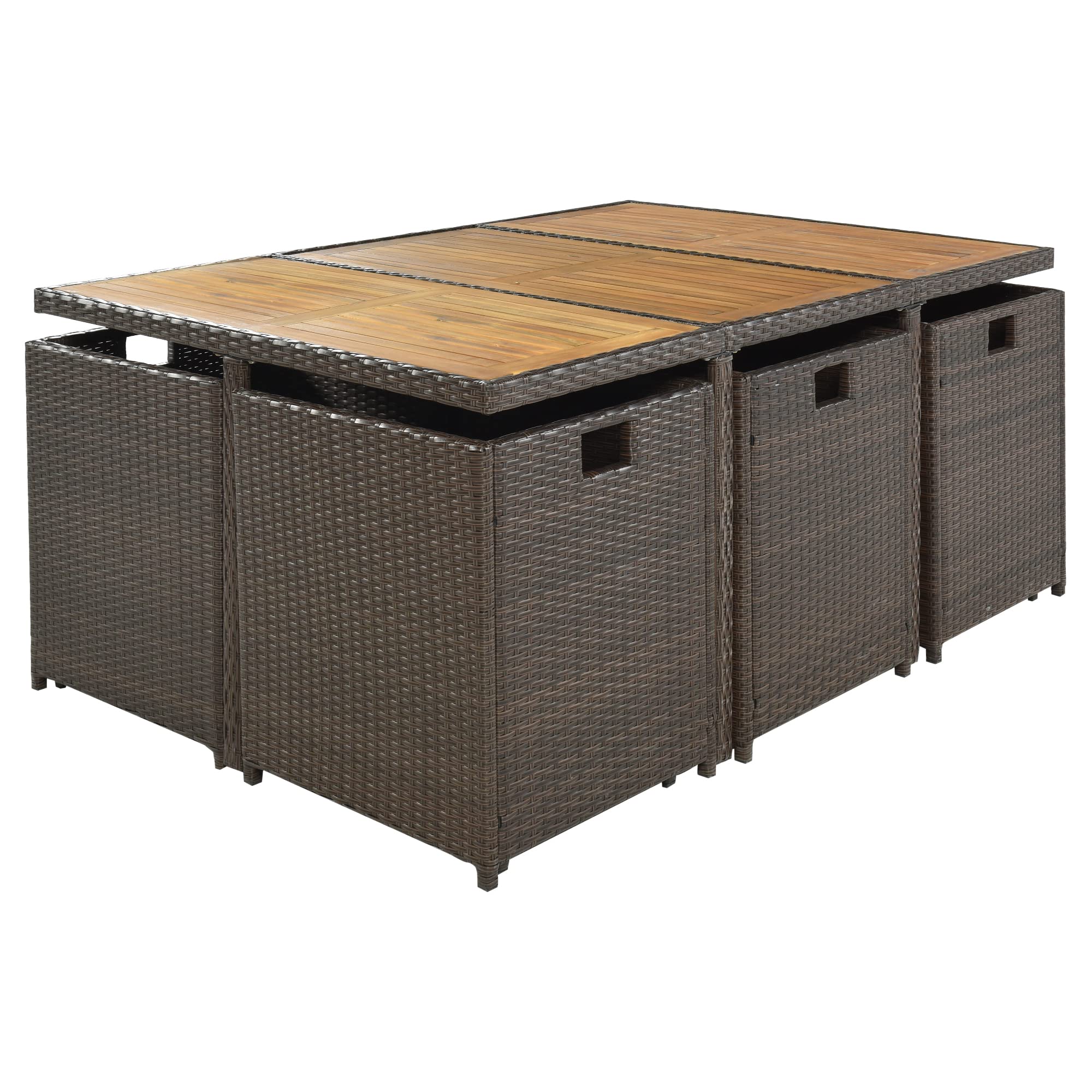 11-Piece All-Weather Outdoor PE Wicker Dining Table Set, Acacia Wood Table with Adjustable Feet and Foldable Dining Chair, Rattan Dining Furniture Set, Space-Saving