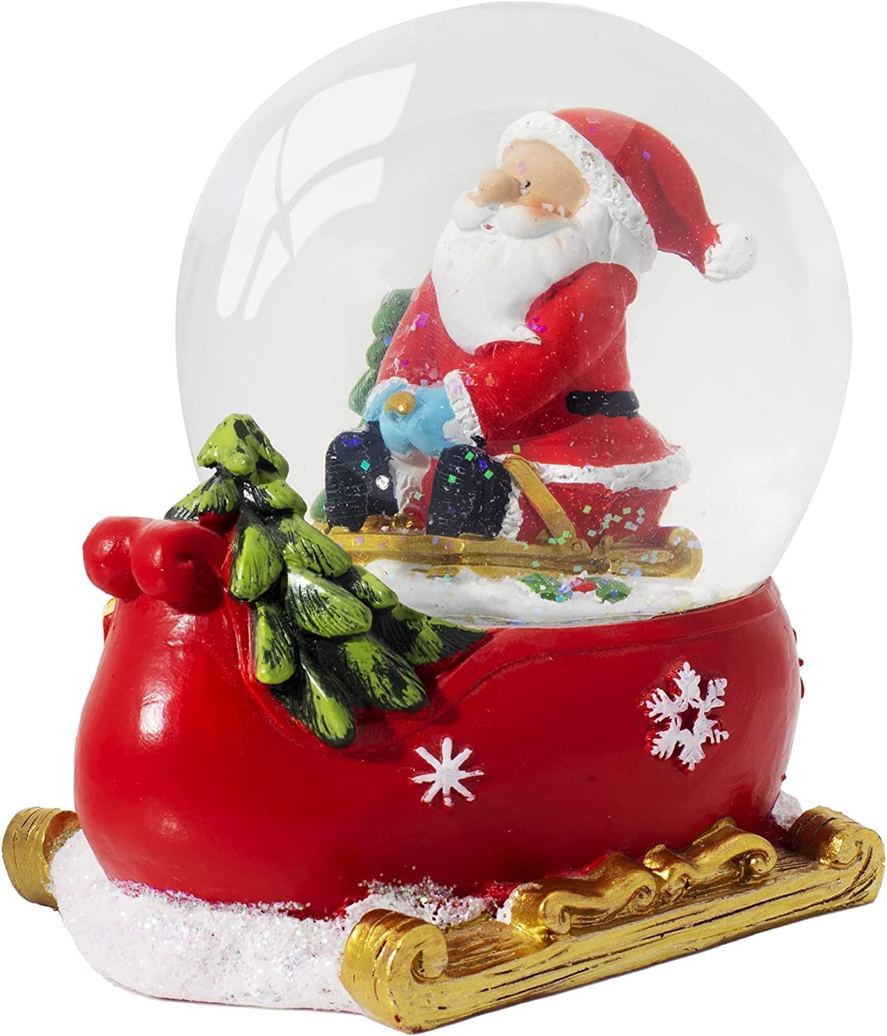 Celebright Christmas Musical Snow Globe - Plays 8 Songs Including Jingle Bells & Lights Up with Changing LED Colours - Large 14cm (Santa on a Sleigh Base)