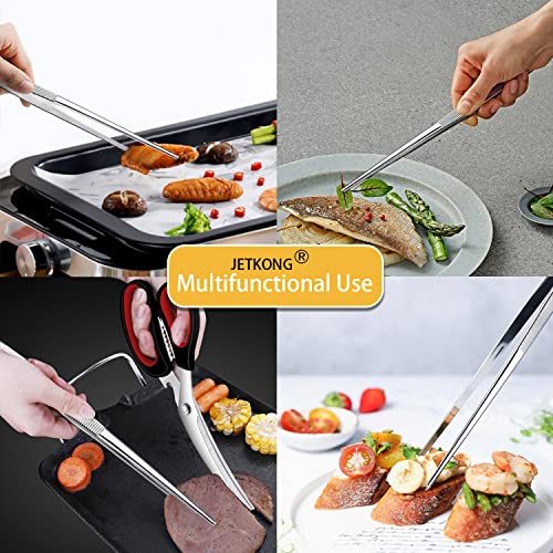 JETKONG Extra Long Kitchen Tweezers Heavy Duty Stainless Steel Cooking Tweezers, Set of 3 (9 12 14 Inch, Silver)