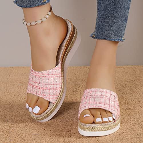 Womens Platform Wedge Sandals Espadrilles Braided Open Toe House Slippers Slip On Summer Mule High Heels Slippers (Pink, 6.5)