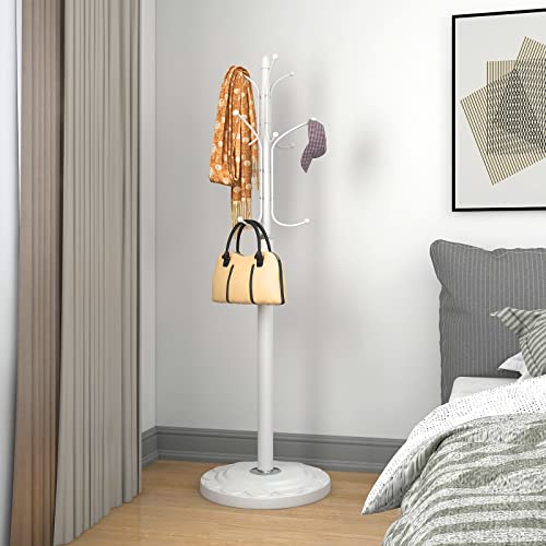 LASIEYO Coat Rack, Coat Rack freestanding With Disc Base, Standing Metal Coat Rack Stand Hat Hanger 12 Hooks, Easy Assembly for Coat Tree Hats Hanger Holder for Purse, Scarf Rack, Jacket (White)