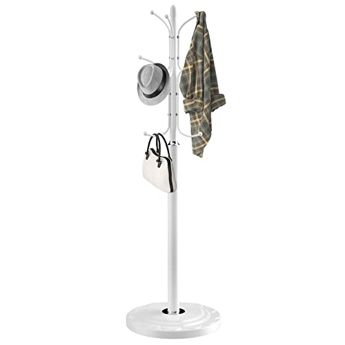 LASIEYO Coat Rack, Coat Rack freestanding With Disc Base, Standing Metal Coat Rack Stand Hat Hanger 12 Hooks, Easy Assembly for Coat Tree Hats Hanger Holder for Purse, Scarf Rack, Jacket (White)