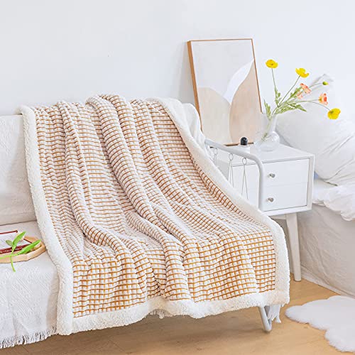 LOMAO Sherpa Blanket Throw Blanket Soft Warm Fleece Blanket Thick Blanket with Grid Pattern for Couch Sofa Bed Chair Home Decor (Mustard Yellow, 51"x63")