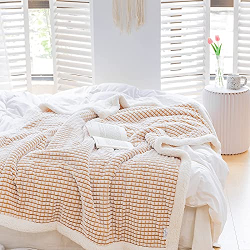 LOMAO Sherpa Blanket Throw Blanket Soft Warm Fleece Blanket Thick Blanket with Grid Pattern for Couch Sofa Bed Chair Home Decor (Mustard Yellow, 51"x63")