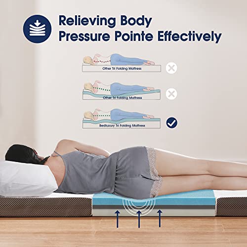 BedLuxury 4 Inch Tri Folding Mattress Twin Size with Storage Bag, Foldable Memory Foam Topper Portable Floor Guest Bed with Removable Bamboo Cover, Breathable Washable