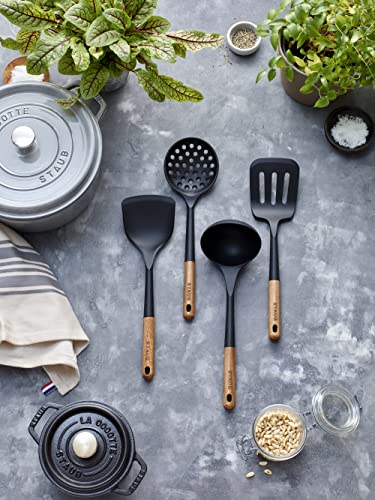 STAUB Silicone Spatula Turner, Perfectly Angled for Lifting Pancakes, Sandwiches and Picking up Veggies Durable BPA-Free Matte Black Silicone, Acacia Wood Handles, Safe for Nonstick Cooking Surfaces