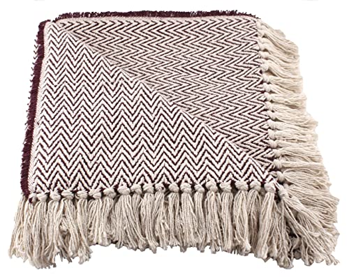 Farmhouse Throw Blanket for Couch 50x60 Inches Soft Vintage Reversible Chevron Throws with Long Tassels - Maroon Blanket for Home Decor