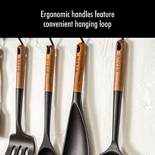 STAUB Silicone Spatula Turner, Perfectly Angled for Lifting Pancakes, Sandwiches and Picking up Veggies Durable BPA-Free Matte Black Silicone, Acacia Wood Handles, Safe for Nonstick Cooking Surfaces