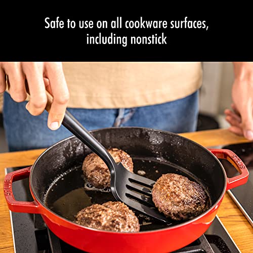STAUB Silicone Spatula Turner, Perfectly Angled for Lifting Pancakes, Sandwiches and Picking up Veggies Durable BPA-Free Matte Black Silicone, Acacia Wood Handles, Safe for Nonstick Cooking Surfaces