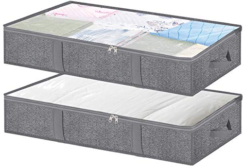 Under the Bed Storage Bags Container,Foldable Large Capacity Underbed Bins Organizer with 4 Strong Handles,2 Sturdy Zippers and Clear Window for Blanket Comforter Clothing Bedding