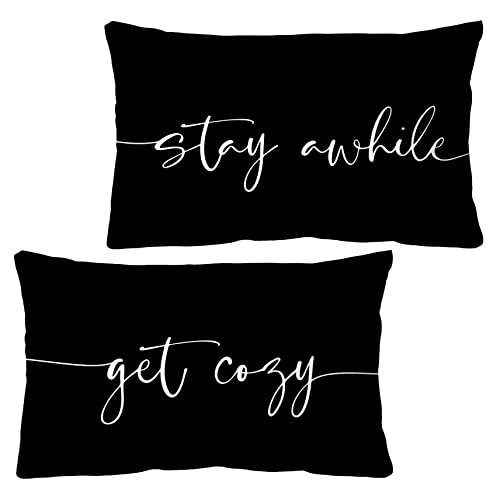 Sidhua Family Sentiment Themed Pillowcases Decorations for Home, Get Cozy Stay Awhile Black Throw Pillow Covers 12āāx20āāSet of 2, Housewarming Gifts, Couples Gifts, Bed Gifts
