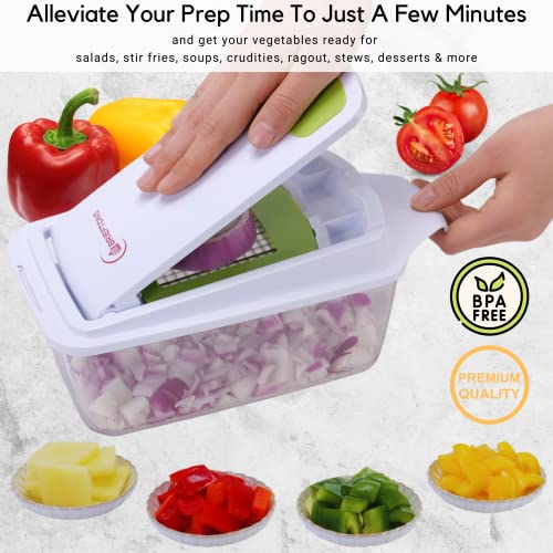 Brieftons QuickPush Food Chopper: Strongest & 200% More Container Capacity, 30% Heavier Duty, Fruit & Vegetable Chopper, Onion Chopper Vegetable Cutter, with 3 Dicer Blades & Keep-Fresh Lid, 5 Ebooks