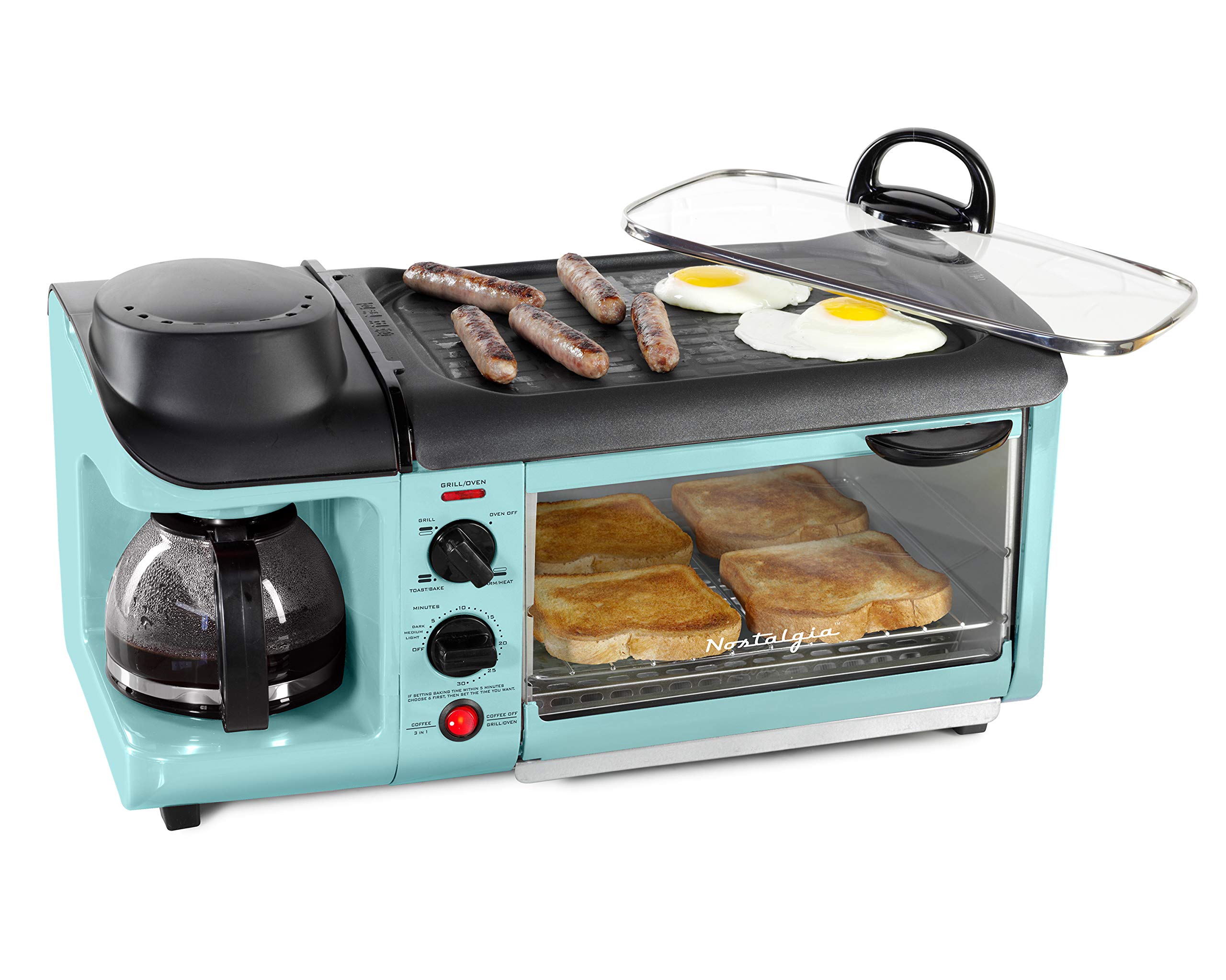 Nostalgia 3-in-1 Breakfast Station with Electric Egg Cooker - Includes Coffee Maker, Griddle, and Toaster Oven