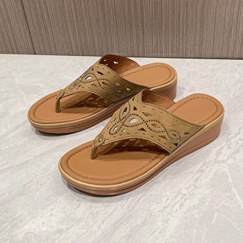 Ladies Fashion Summer Solid Leather Rhinestone Decorative Clamping Toe Slope Heel Casual Sandals for Women Wide Width (Brown, 8)