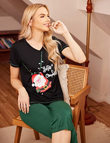 Ekouaer Women's Capri Pajama Sets Plus Size Sleepwear Top with Capri Pants 2 Piece Sleep Set Christmas Printed