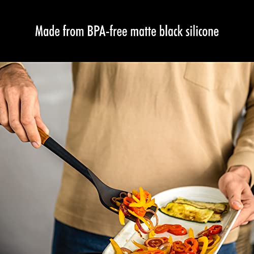 STAUB Silicone Spatula Turner, Perfectly Angled for Lifting Pancakes, Sandwiches and Picking up Veggies Durable BPA-Free Matte Black Silicone, Acacia Wood Handles, Safe for Nonstick Cooking Surfaces