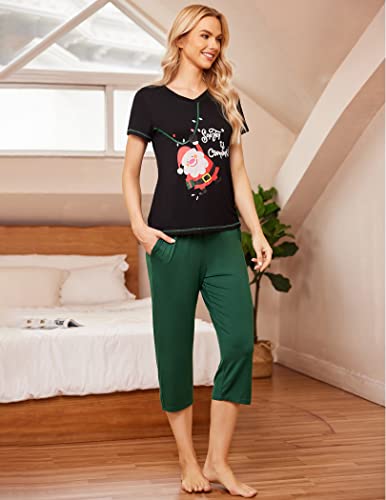 Ekouaer Women's Capri Pajama Sets Plus Size Sleepwear Top with Capri Pants 2 Piece Sleep Set Christmas Printed
