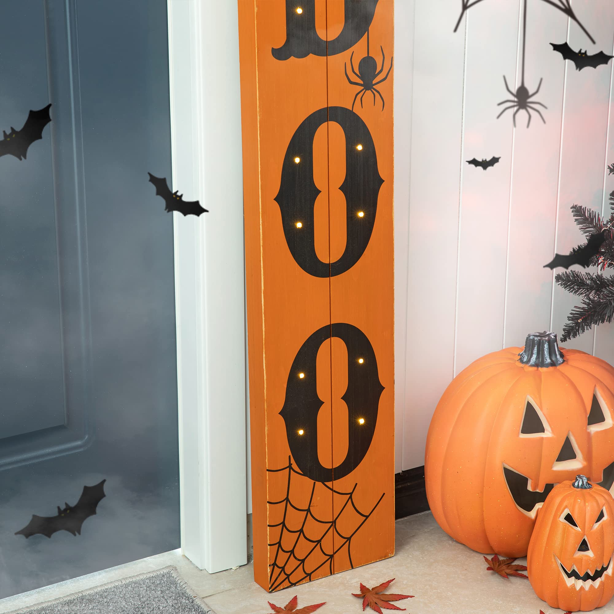 Glitzhome 42" H Halloween Porch Board Sign with Timer 6 Hours On /18 Hours Off, Lighted Halloween "BOO" Hang Sign or Lean Against Wall Standing Sign, 12 LED Lights Wood Plaques for Outdoor Decor