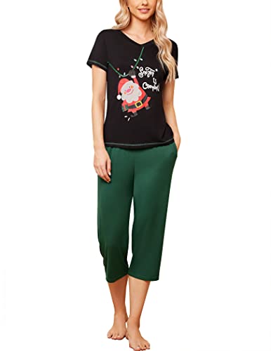 Ekouaer Women's Capri Pajama Sets Plus Size Sleepwear Top with Capri Pants 2 Piece Sleep Set Christmas Printed