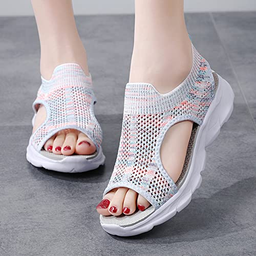CsgrFagr Women's Over The Knee Boots Women Summer Mesh Beach Slip On Sport Hollow Casual Open Toe Flat Soft Bottom Breathable (Sky Blue, 7)
