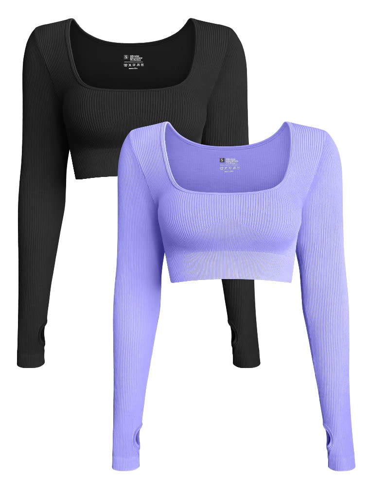 OQQ Women's 2 Piece Crop Top Ribbed Seamless Workout Exercise Long Sleeve, Black,purple, Small