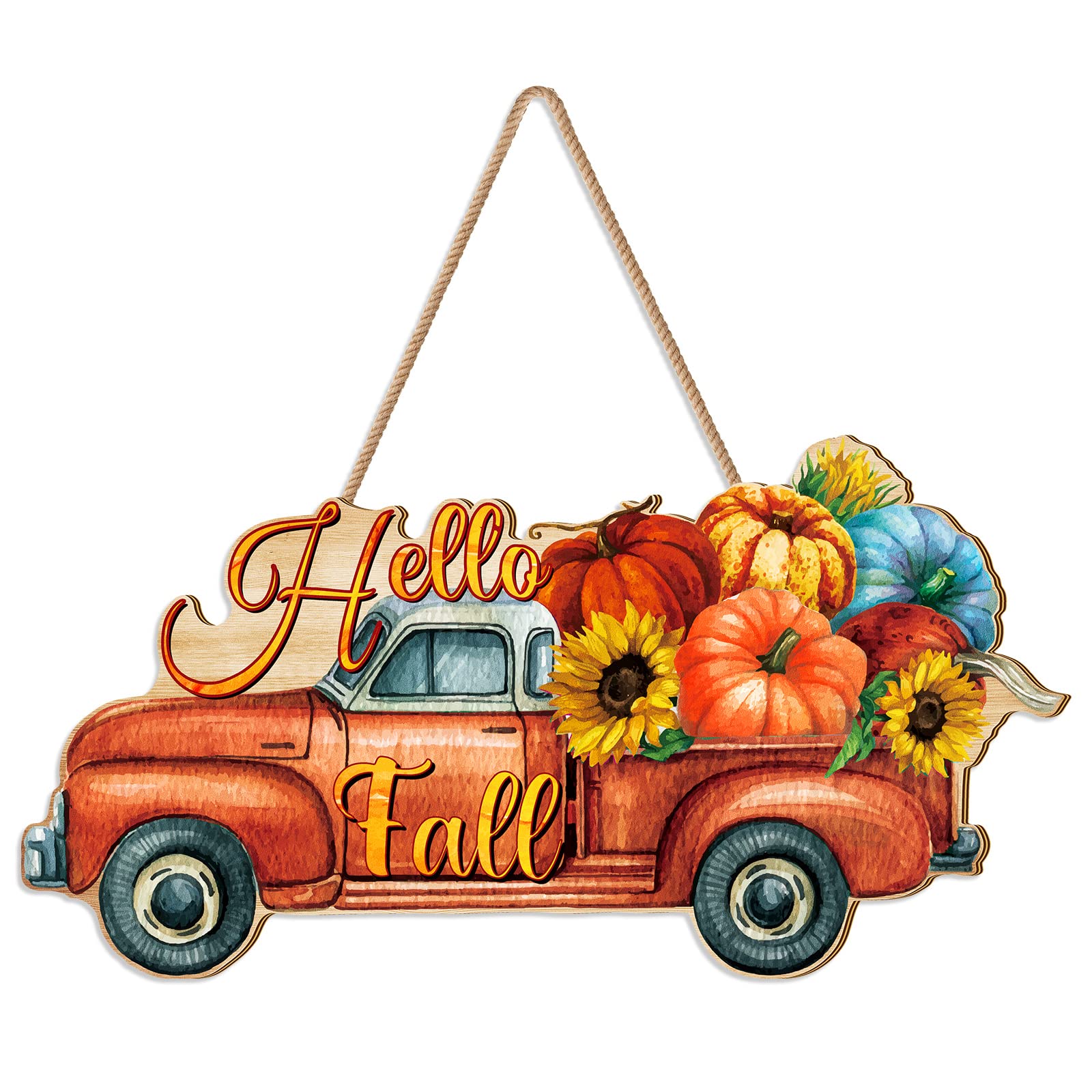 BBTO Fall Pumpkin Welcome Sign Hello Fall Wood Hanging Decoration Autumn Wooden Signs Rustic Thanksgiving Decorative for Porch Home Wall Indoor Outdoor Decor(Truck)